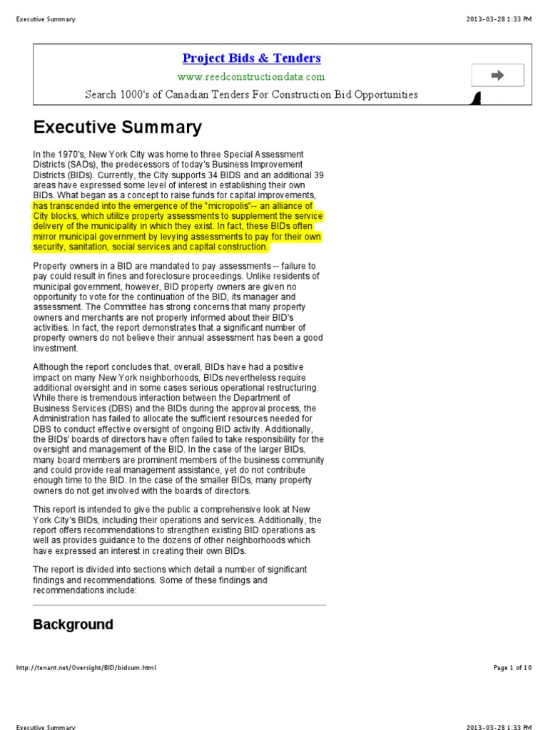 Executive Summary: Project Bids & Tenders | PDF | Board Of Directors ...