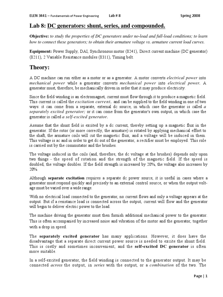 Lab 08 - DC Generators | PDF | Electric Generator | Electric Motor