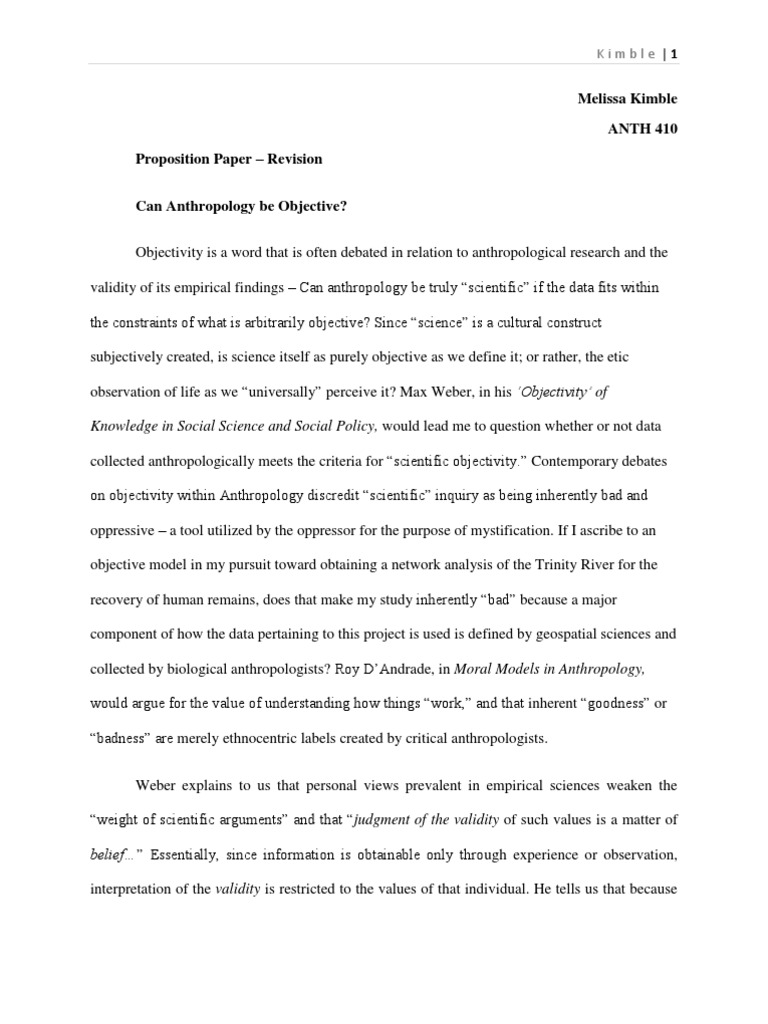 Proposition Paper: Can Anthropology Be Objective? | PDF | Anthropology | Max Weber