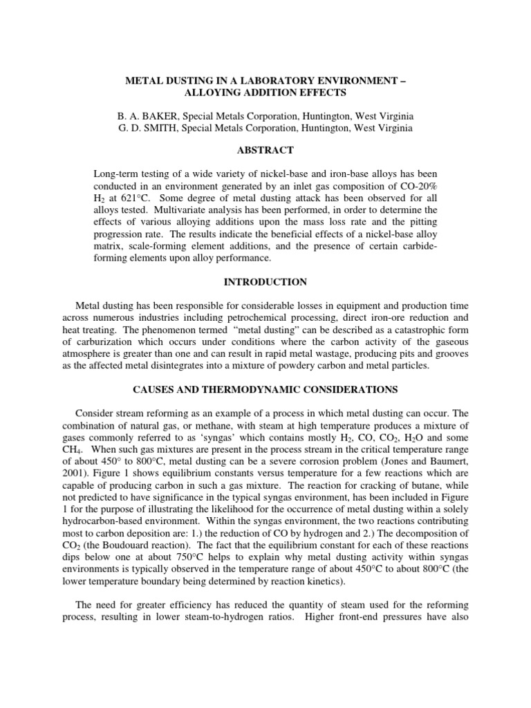 Metal Dusting in A Laboratory Environment - Alloying Addition Effects ...