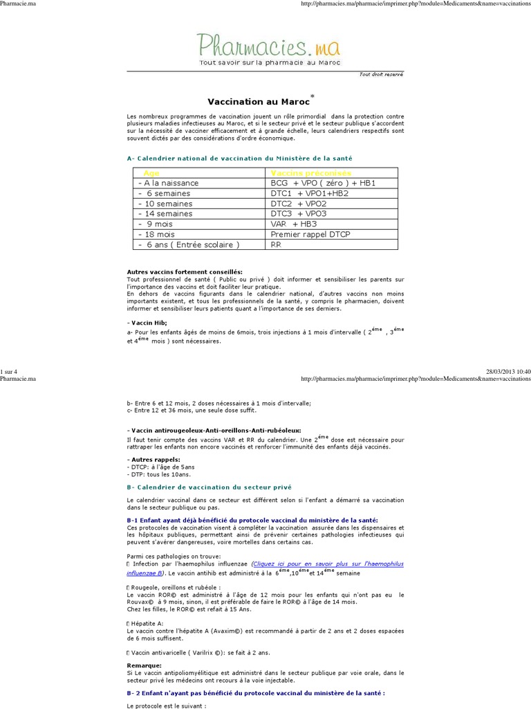Calendrier de vaccination au Maroc 2023 | PDF | Vaccination | Santé ...