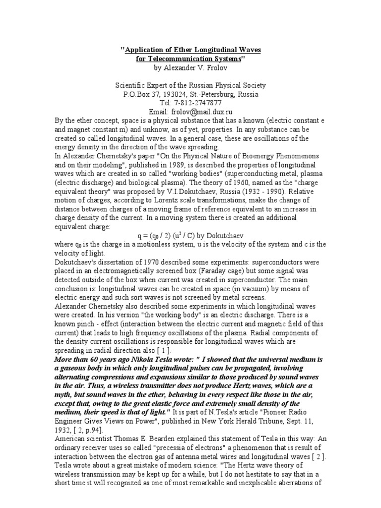 Application of Ether Longitudinal Waves For Telecommunication Systems | PDF | Luminiferous ...