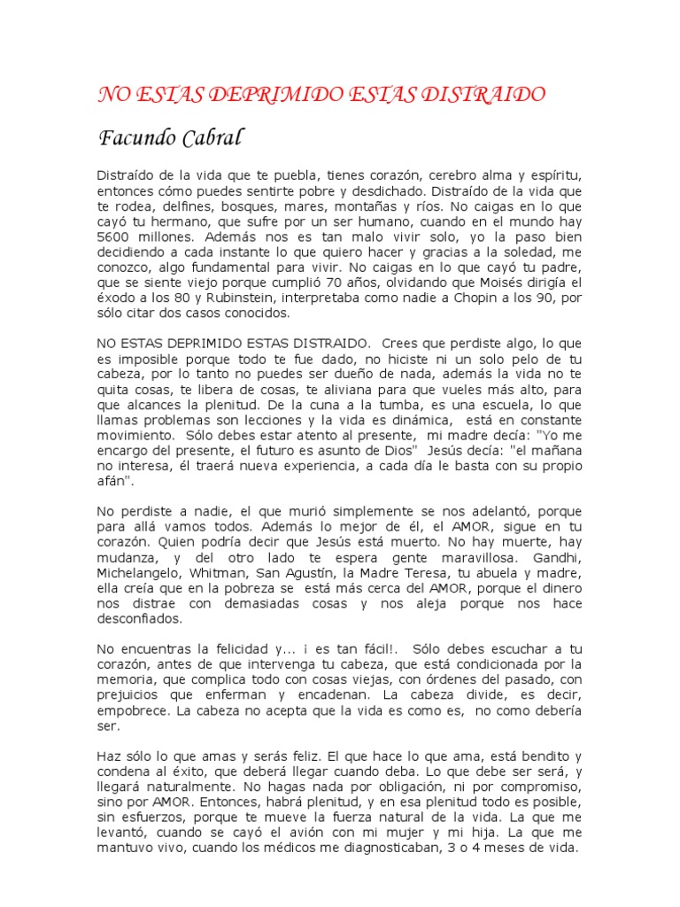Facundo Cabral - No Estás Deprimido, Estás Distraido - Letra Completa | PDF | Vida | Amor