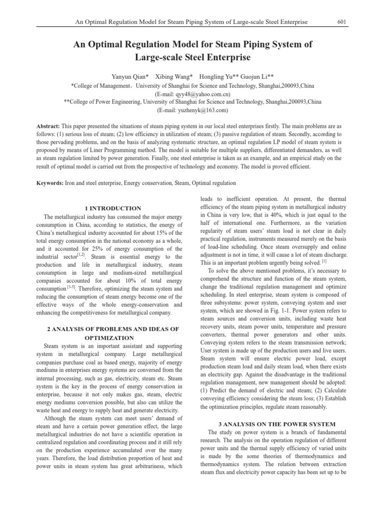 An Optimal Regulation Model For Steam Piping System of Large-Scale ...
