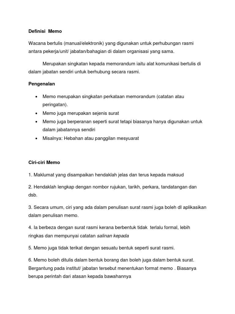 Definisi, Ciri, Bentuk, Tujuan Memo | PDF