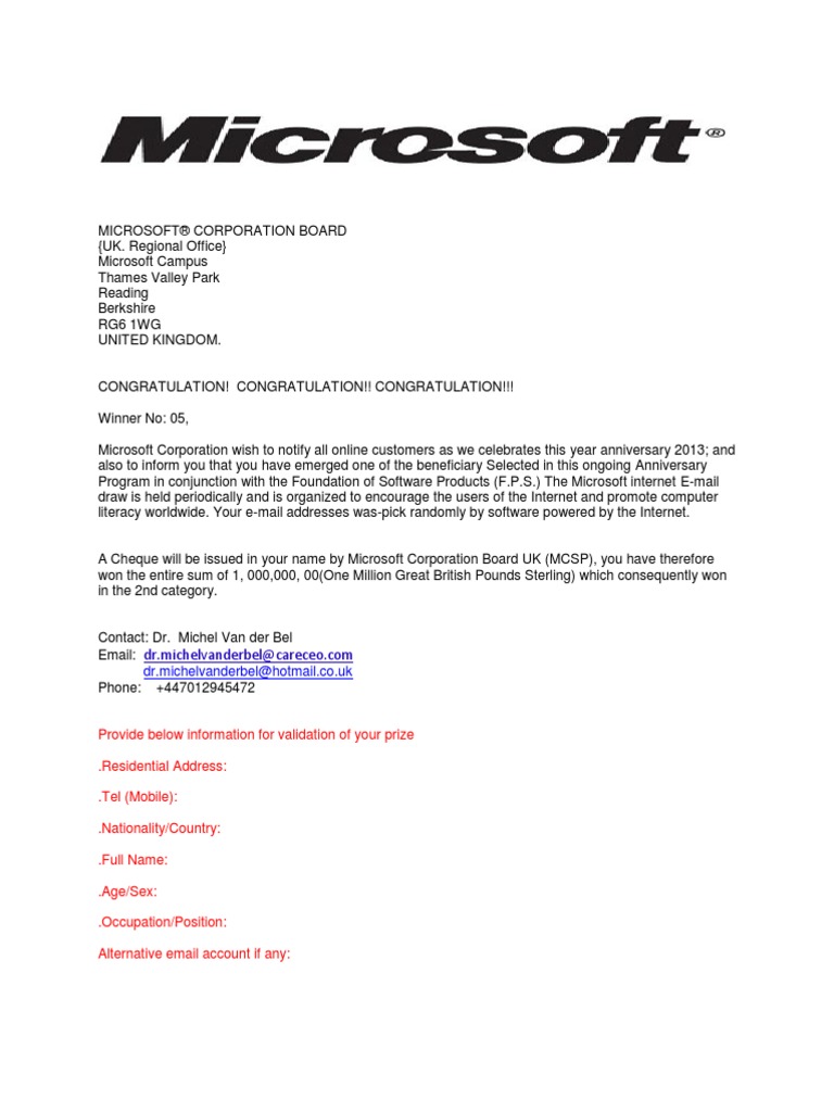 Microsoft Corporation Prize Notification | PDF | Identity Document | Email