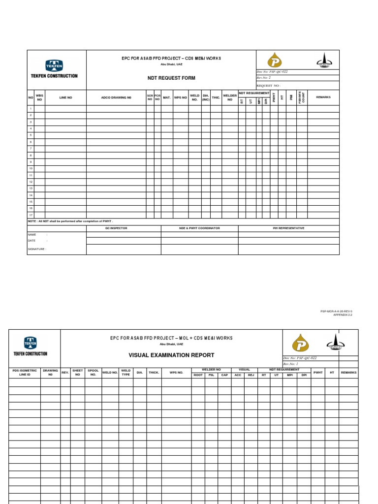 NDT Request Form: Epc For Asab FFD Project - Cds Me&I Works | PDF ...