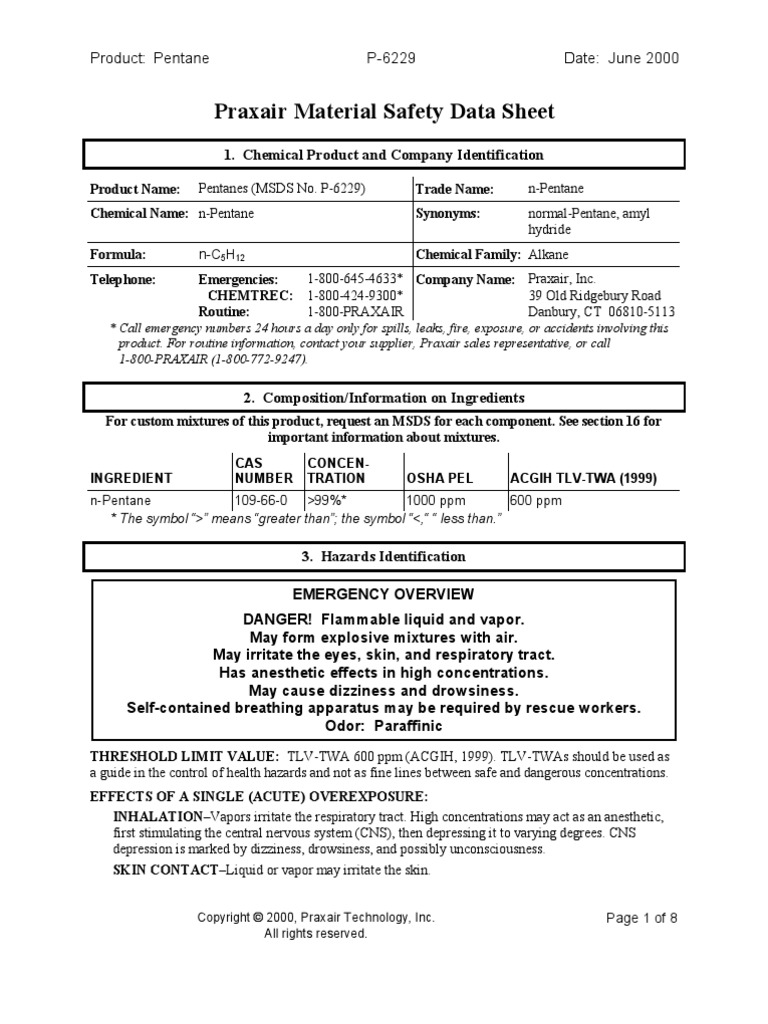 Pentane Msds Praxair p6229 | Dangerous Goods | Combustion | Free 30-day ...