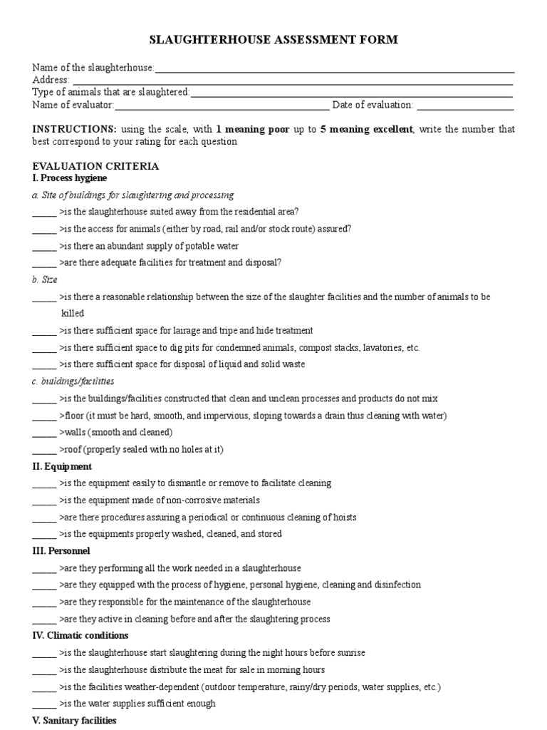 Slaughterhouse Assessment Criteria Guide | PDF | Slaughterhouse | Hygiene
