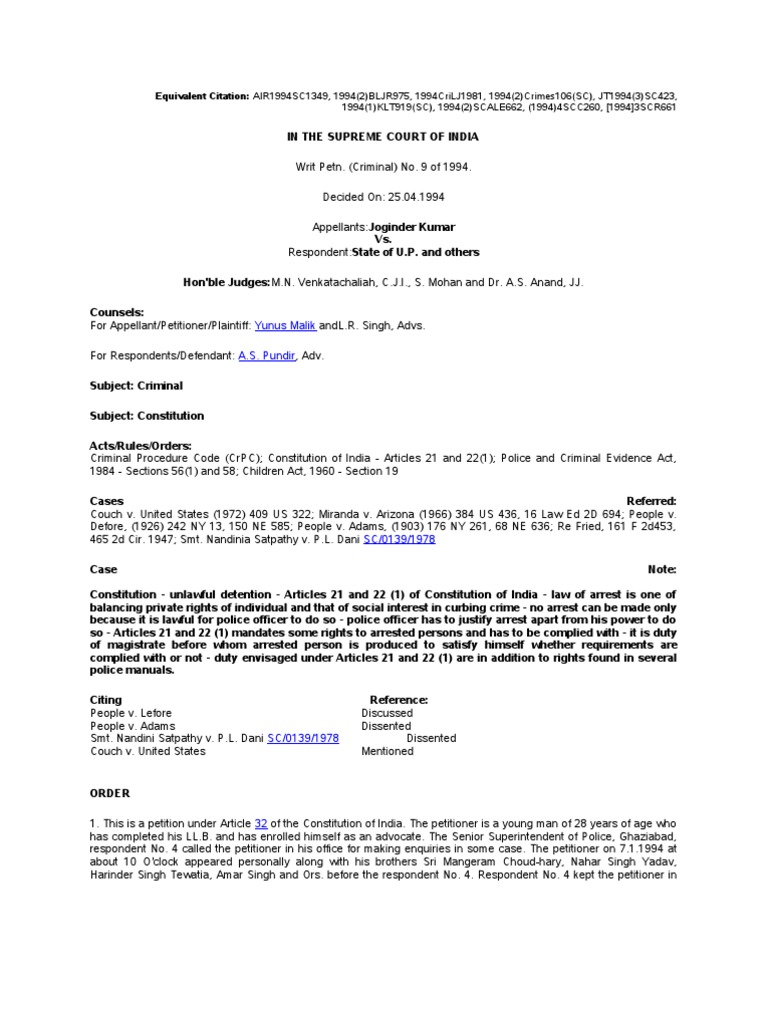 Joginder Kumar Vs State of UP 1994 4 SCC 260 | PDF | Arrest | Police