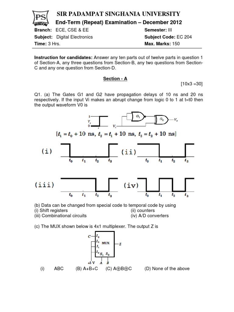 Digital Electronics End-Term Examination with Questions on Logic Gates ...