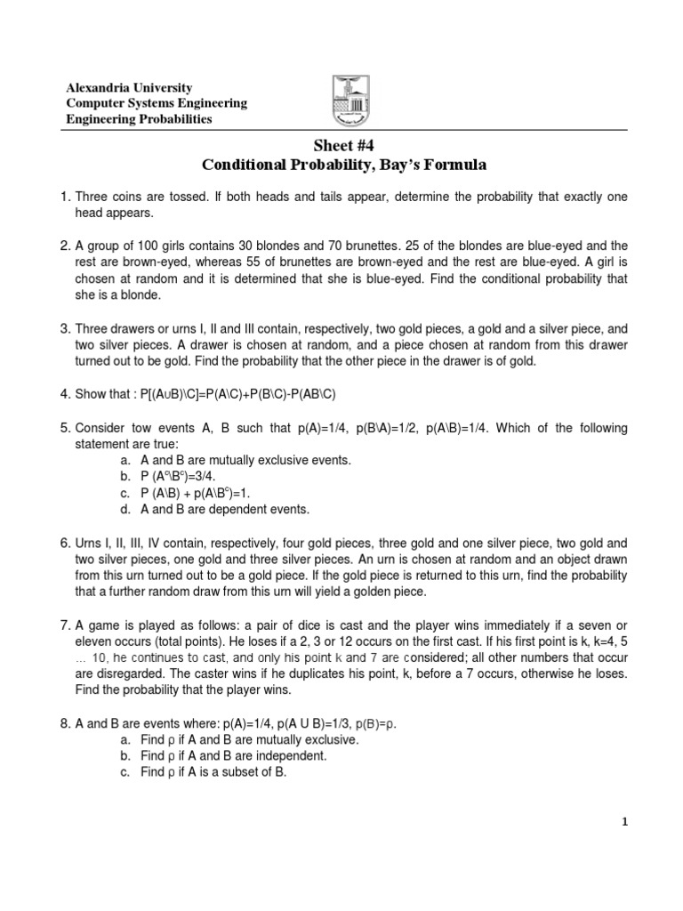 Sheet 4: Conditional Probability, Bays Formula | PDF | Probability | Logic