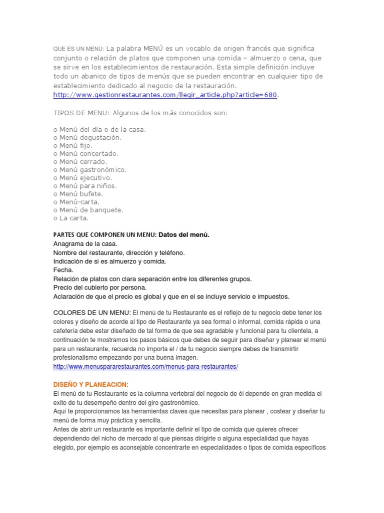 Tipos y partes de un menú para restaurante | PDF | Preparación de ...