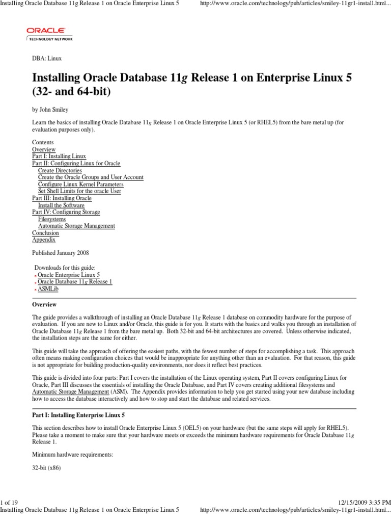 Installing Oracle Database 11g Release 1 On Enterprise Linux 5 32 And 64 Bit Pdf Oracle 4998