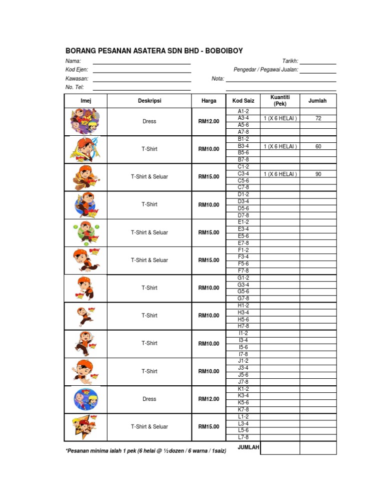 Borang Pesanan Asatera SDN BHD - Boboiboy: Nama: Tarikh: Kod Ejen ...
