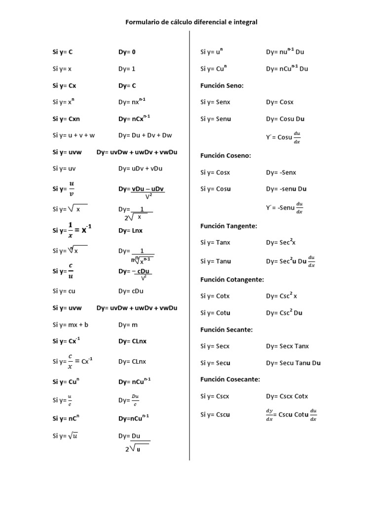 Formulario de Cálculo Diferencial e Integral | PDF