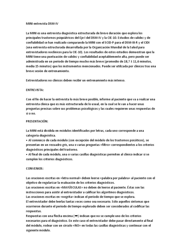MINI Entrevista DSM | PDF | Diagnostico medico | Manual Diagnóstico y ...