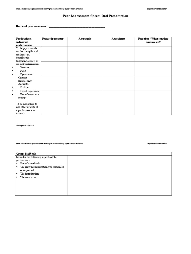 Peer Assessment Sheet for Oral Presentations | PDF | Career & Growth ...