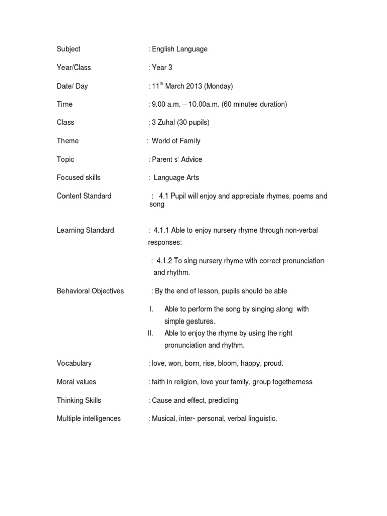Lesson Plan Song and Poem With Example Kits | PDF | Vocabulary ...