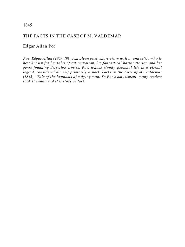 1845 The Facts in The Case of M. Valdemar Edgar Allan Poe | PDF ...