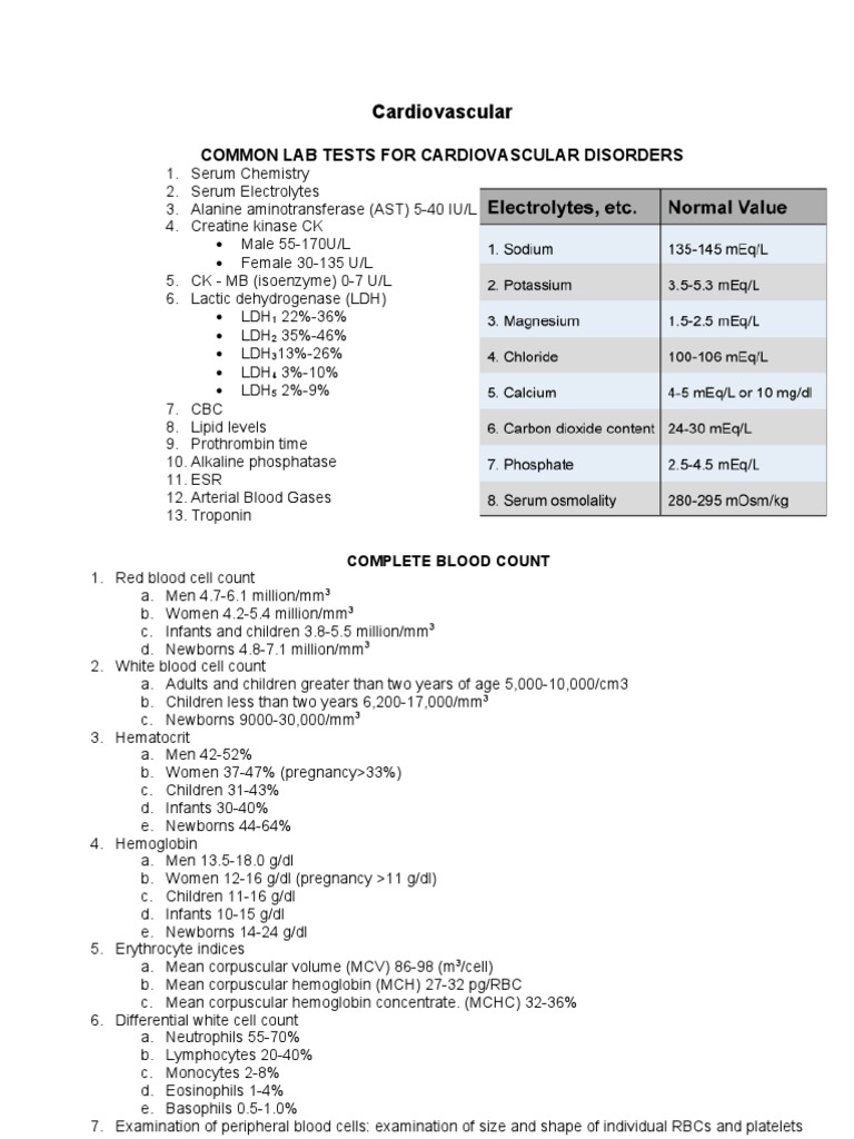 Cardiovascular Lab Tests Guide | PDF