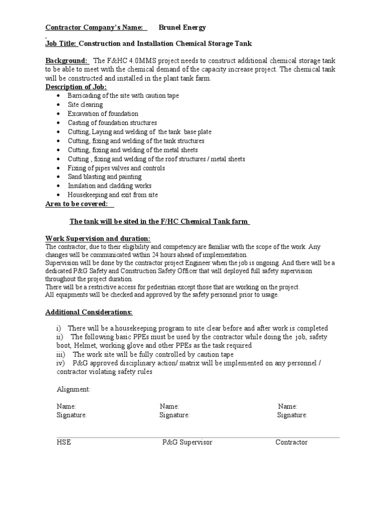 Safety Plan Template Tank Construction &installation | PDF