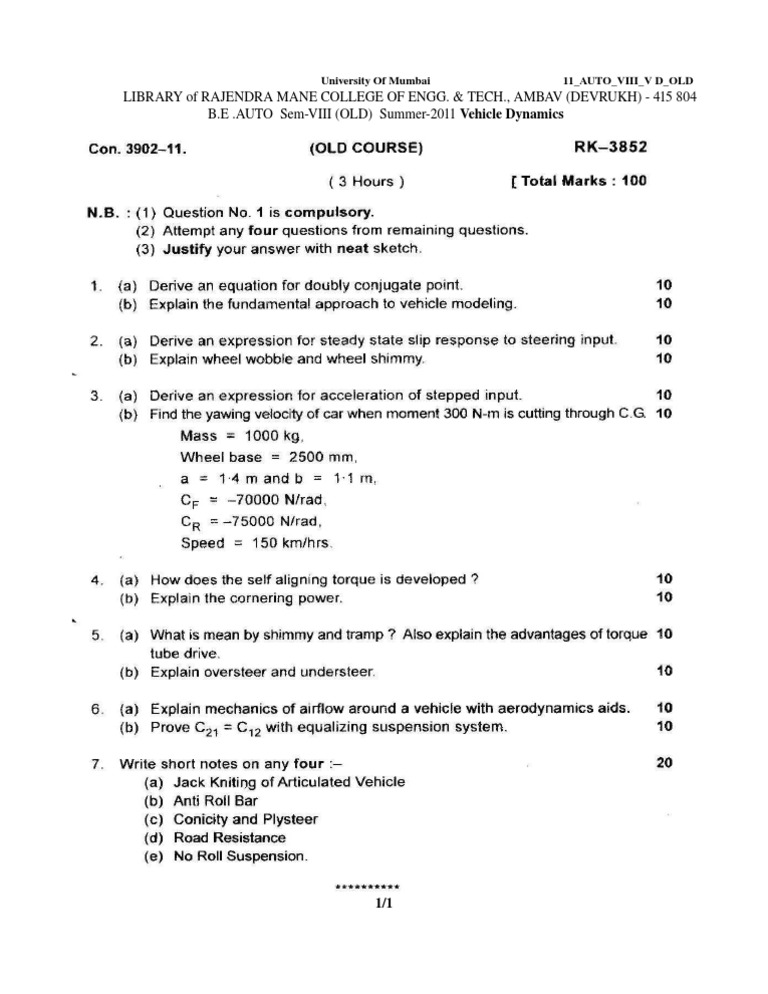 Vehicle Dynamics Exam Paper 2011 | PDF | Technology & Engineering