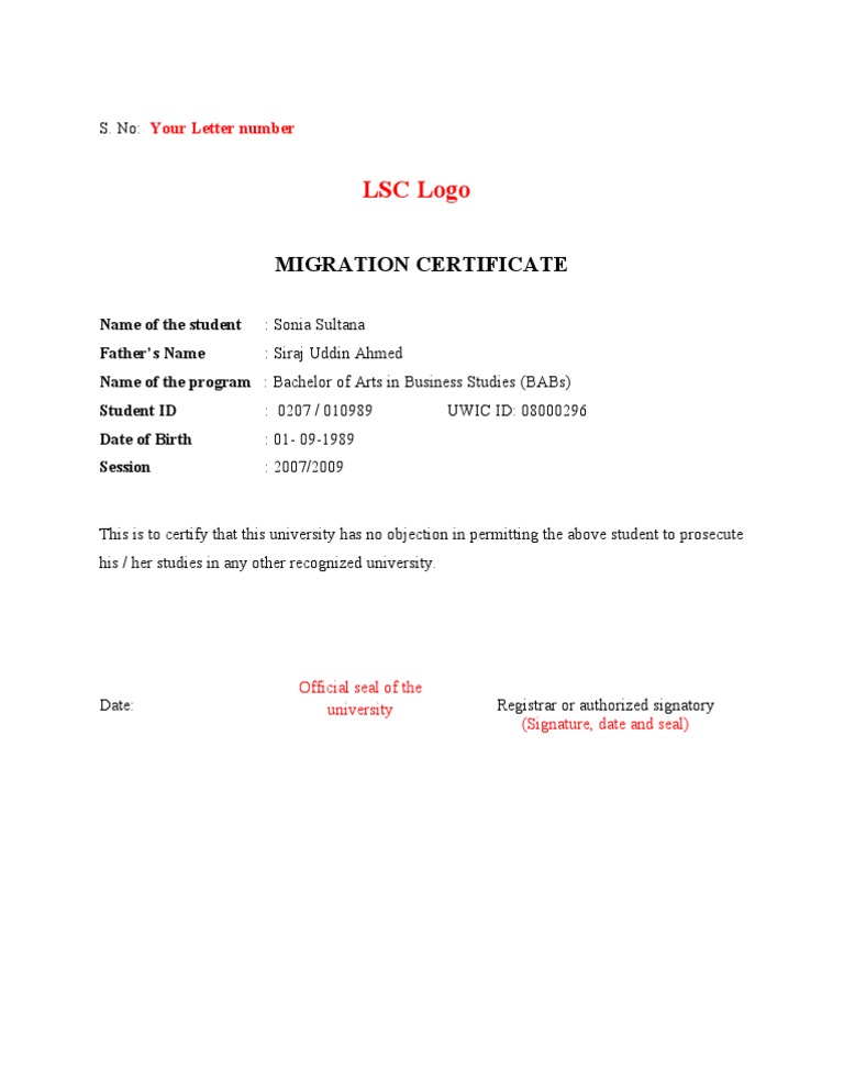 Filled Migration Certificate Format For LSC | PDF