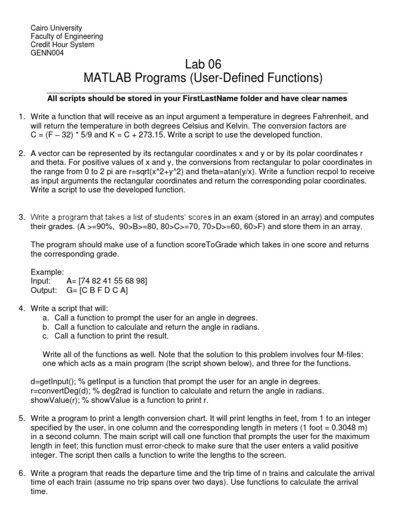 Lab 06 MATLAB Programs (User-Defined Functions) | PDF | Function ...
