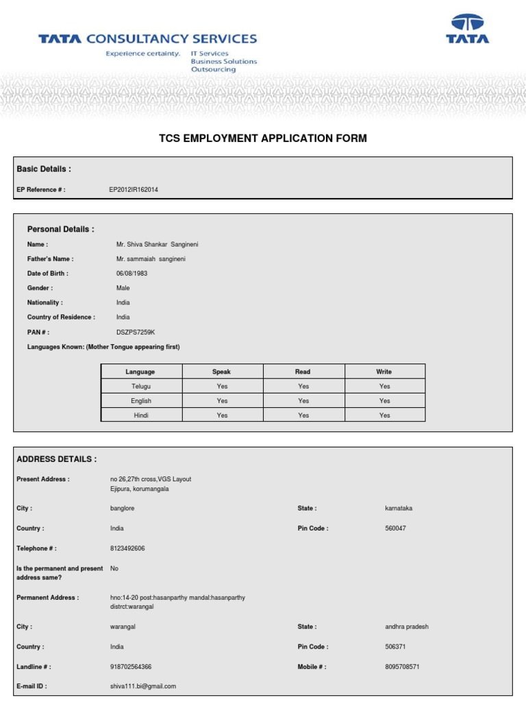 Tcs Employment Application Form: Basic Details | PDF | Background Check ...
