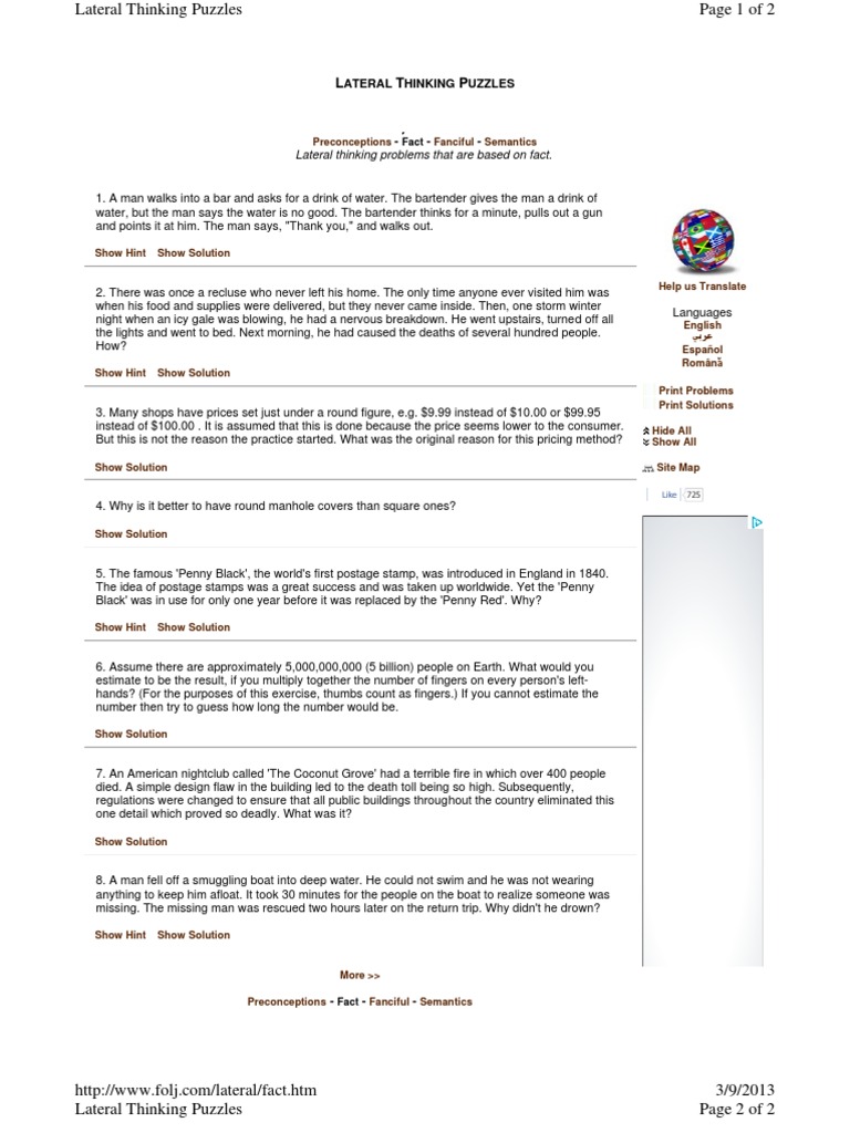 Lateral Thinking Problems That Are Based On Fact.: Ateral Hinking ...