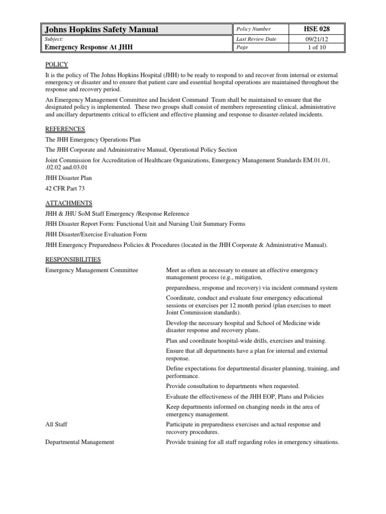 Johns Hopkins Safety Manual: HSE 028 Emergency Response at JHH | PDF ...