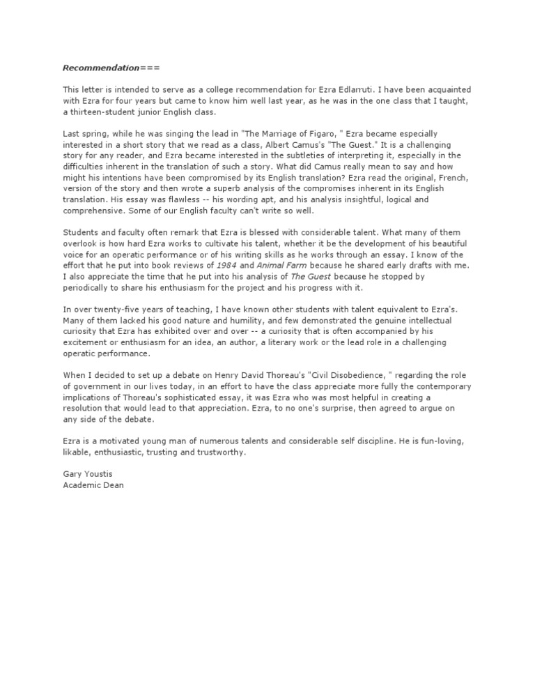Letter of Recommendation | PDF | Henry David Thoreau | Civil Disobedience (Thoreau)