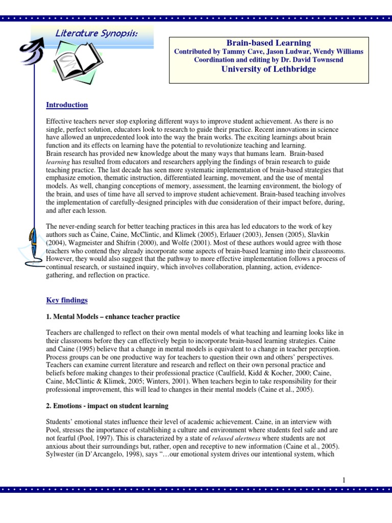 Literature Synopsis:: Brain-Based Learning | PDF | Memory | Recall (Memory)