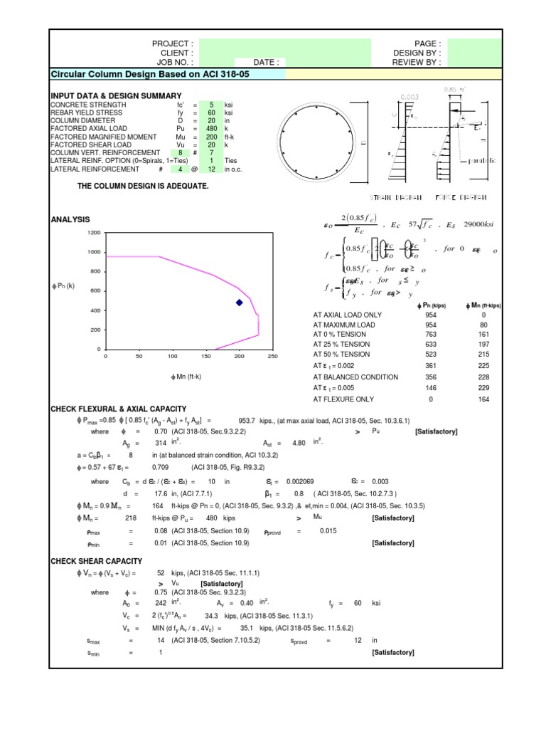 Circular Column Design Based On ACI 318-05: Input Data & Design Summary | PDF