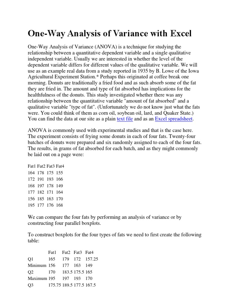 One-Way Analysis of Variance With Excel: Text File Excel Spreadsheet ...