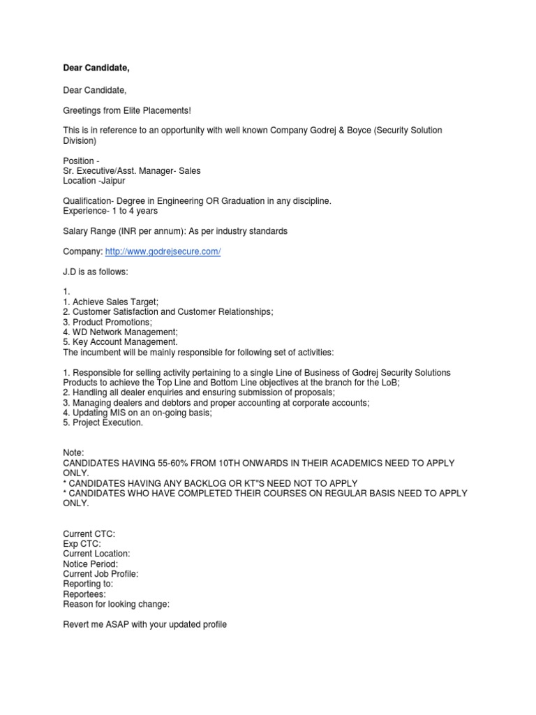 Dear Candidate | PDF | Sales | Consultant