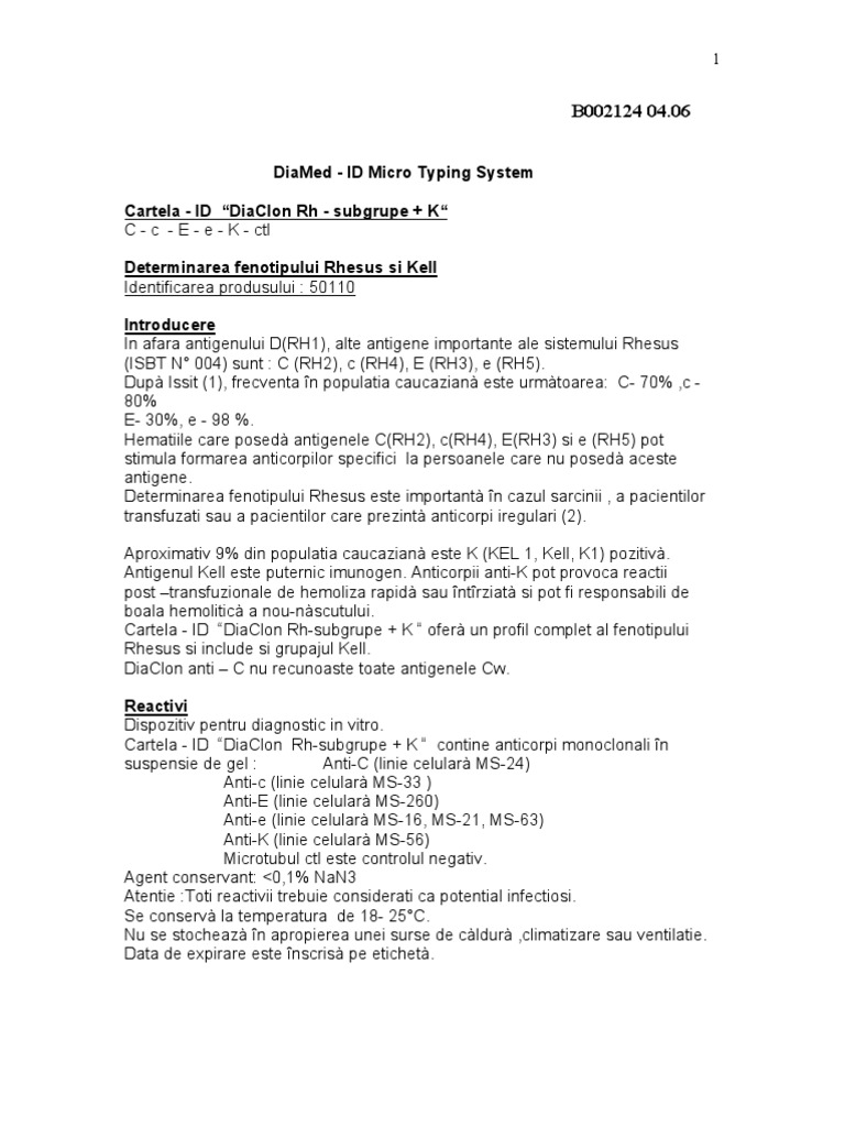 Diamed - Id Micro Typing System Cartela - Id “Diaclon Rh - Subgrupe + K“