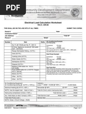 Electrical Load Calculation Worksheet