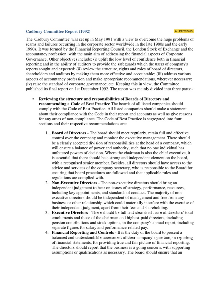 Cadbury Committee Report | PDF | Board Of Directors | Corporate Governance