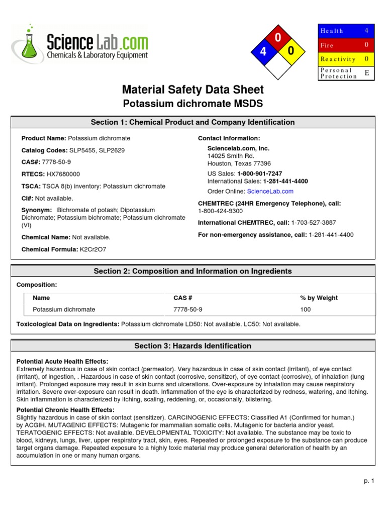Potassium Dichromate Safety Data Sheet | PDF | Self-Improvement | Wellness