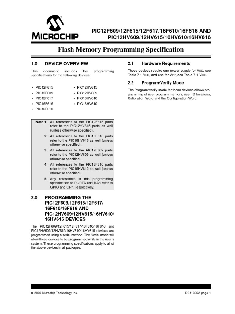 Flash Memory Programming Specification: PIC12F609/12F615/12F617/16F610/16F616 AND PIC12HV609 ...