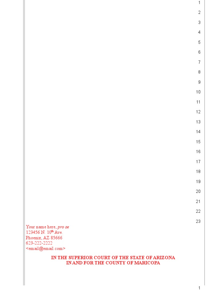 Your Name Here, Pro Se 123456 N. 10 Ave. Phoenix, AZ 85666 623-222-2222 | PDF | Assignment (Law ...