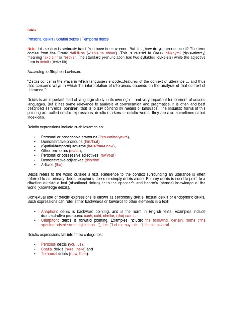 Personal Deixis Spatial Deixis Temporal Deixis | PDF | Linguistic ...