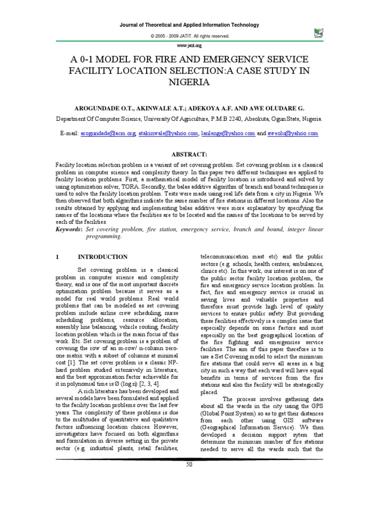 A 0-1 Model For Fire and Emergency Service Facility Location Selection:A Case Study in Nigeria ...