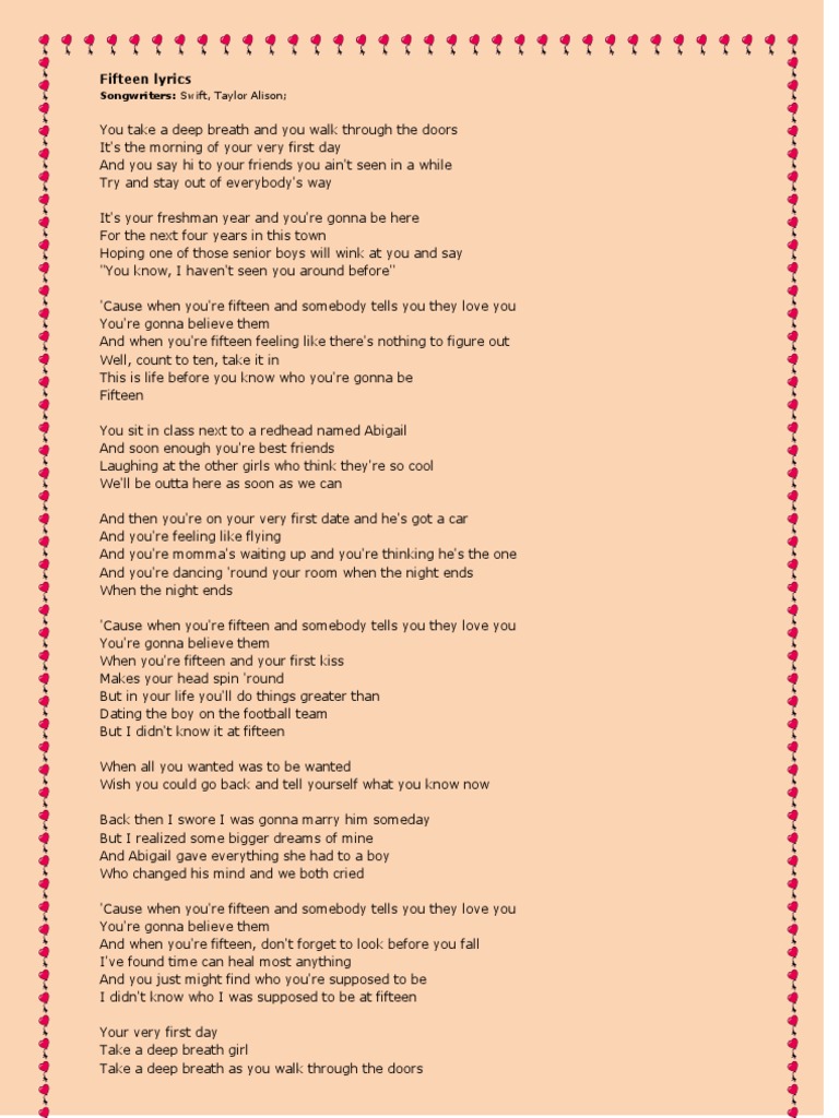 Fifteen Lyrics: Songwriters: Swift, Taylor Alison | PDF | Leisure ...