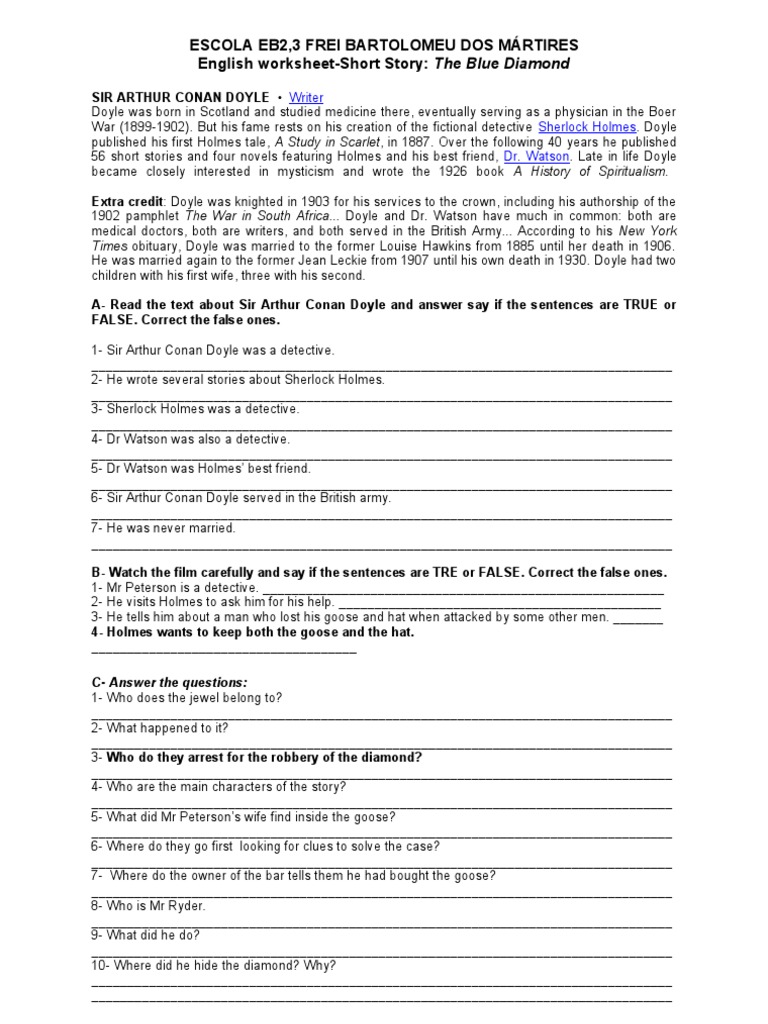 English Worksheet: The Blue Diamond | PDF | Arthur Conan Doyle ...