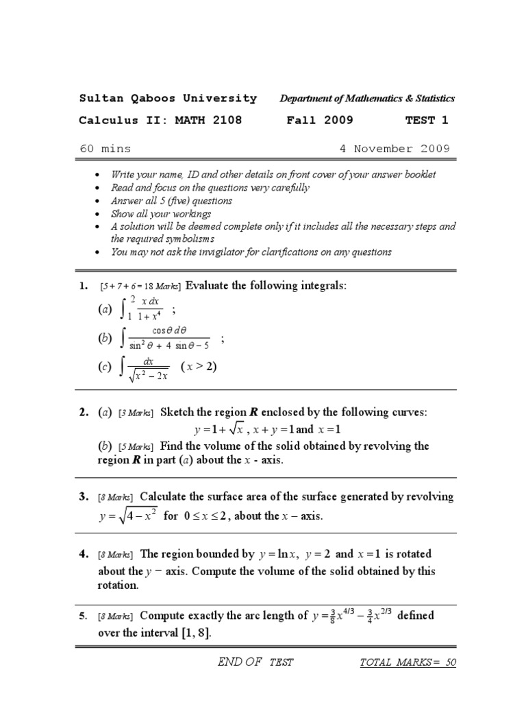 Calculus II Test: Integrals & Volumes | PDF