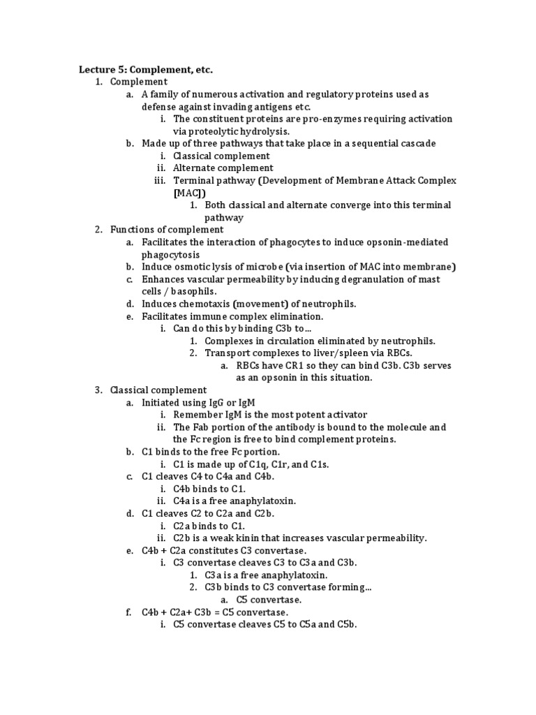Lecture 5: Complement, Etc | PDF | Complement System | Biochemistry