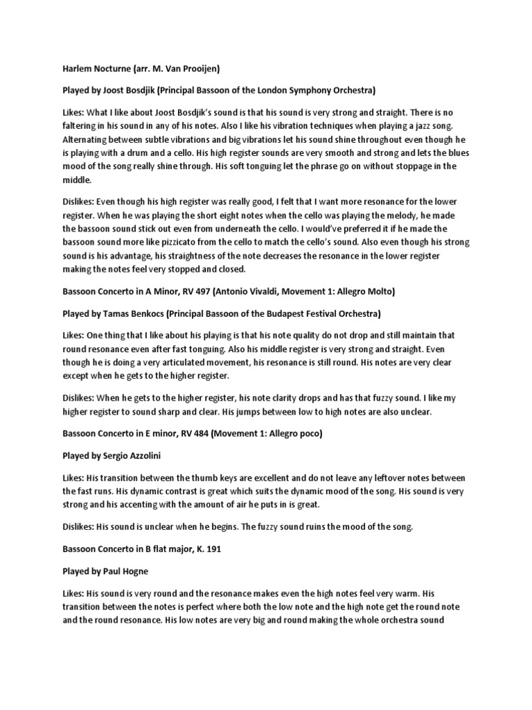 Solo Pieces Analysis | PDF | Cello | Bassoon